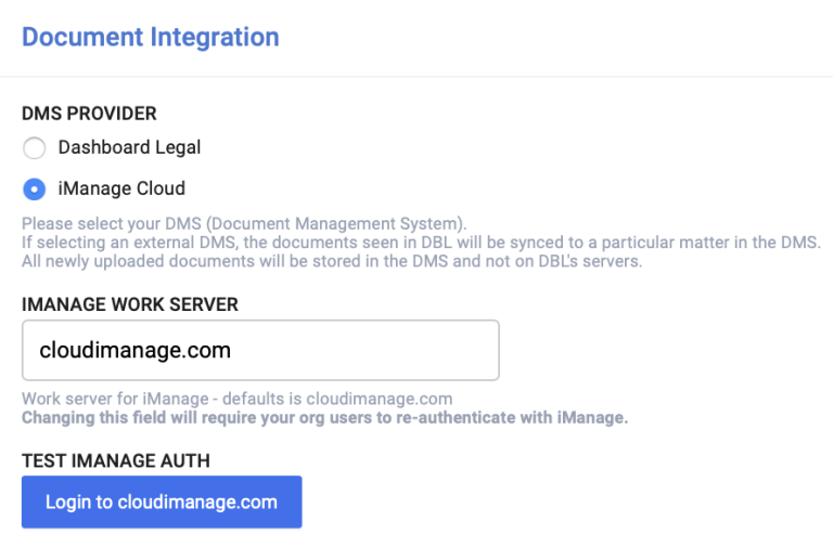 iManage Integration - Dashboard Legal Help