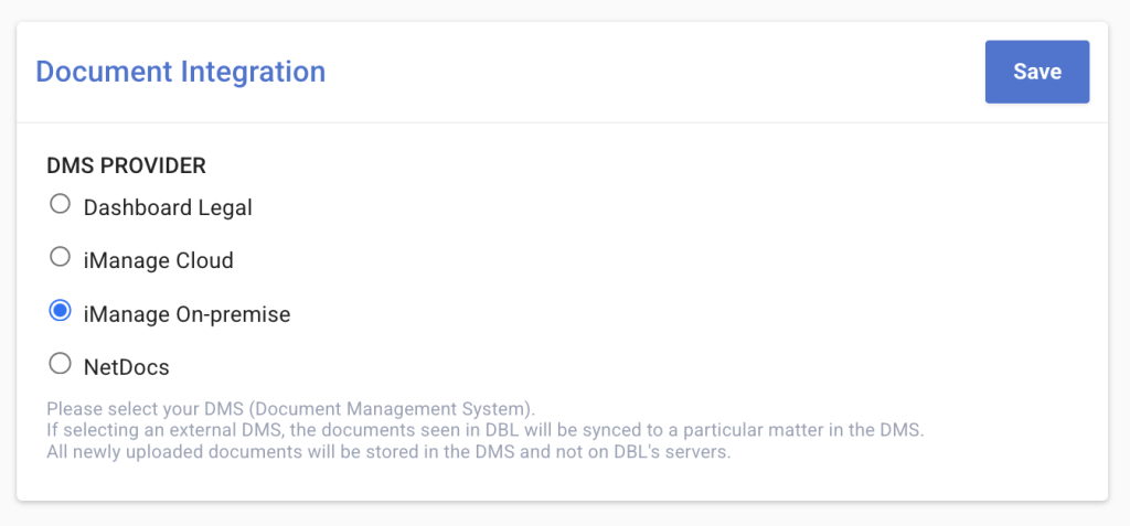 Configuring the iManage Integration - Dashboard Legal Help