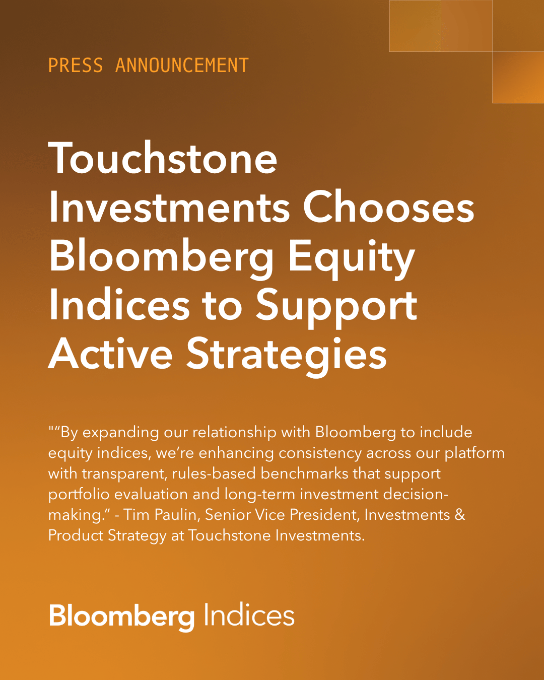 Touchstone Investments Chooses Bloomberg Equity Indices to Support ...